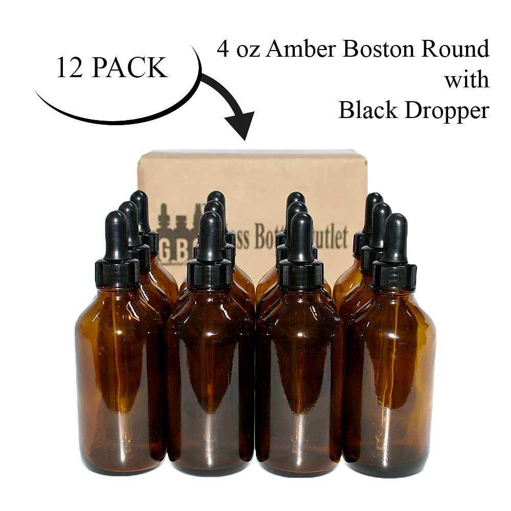 (Pack of 12) 4 oz. Amber Boston Round with Black Glass Dropper