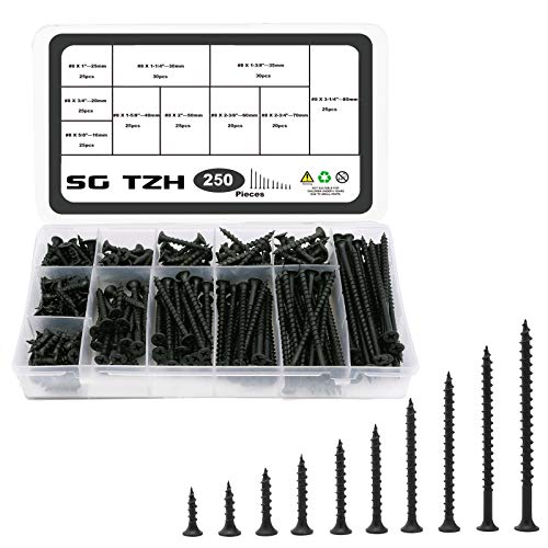 #8 Drywall Screws 250PCS Black Carbon Steel Flat Head Fast Self Tapping Drywall Screws,Wood Screws,Wood Screws Assortment Set by SG TZH