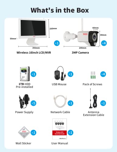 [2K&2 Way Audio&Dual WiFi] Tonton Wireless All-in-One Ultra HD Security Camera System with 16 Inch 5MP Monitor,10CH NVR with 1TB HDD,4PCS 3MP Outdoor Bullet IP Floodlight Cameras with PIR,Plug & Play