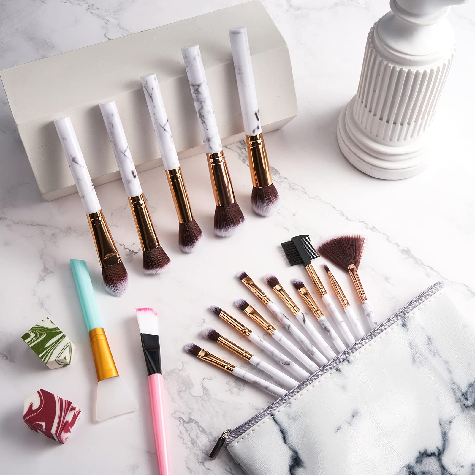 SNSLXH Marble Makeup Brushes with Makeup Bag | Premium Synthetic Foundation Powder Concealers Blending Eye Shadows Face Makeup Brush Set(17 Pcs)