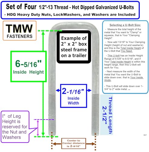 (4) HDG Hot Dipped Galvanized Square U-Bolt Boat Trailer U Bolt Ubolt 1/2" D x 2 1/16" W x 6 5/16" L