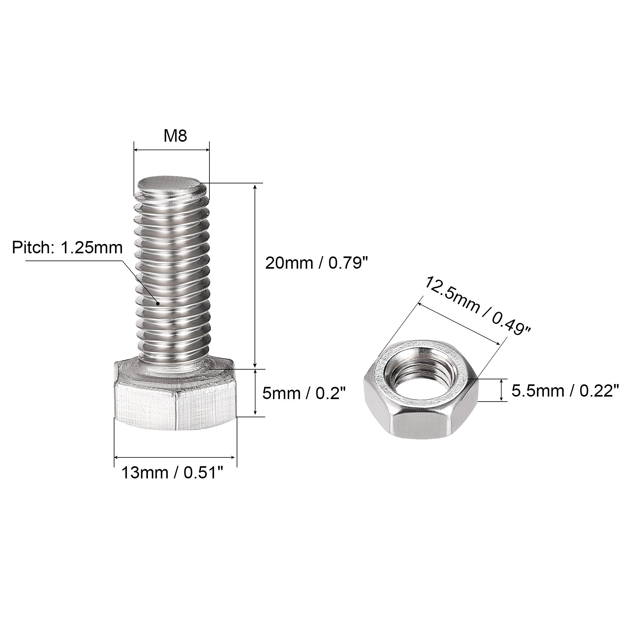 uxcell M8 x 20mm Hex Head Screws Bolts, Nuts, Flat & Lock Washers Kits, 304 Stainless Steel Fully Thread Hexagon Bolts 10 Sets
