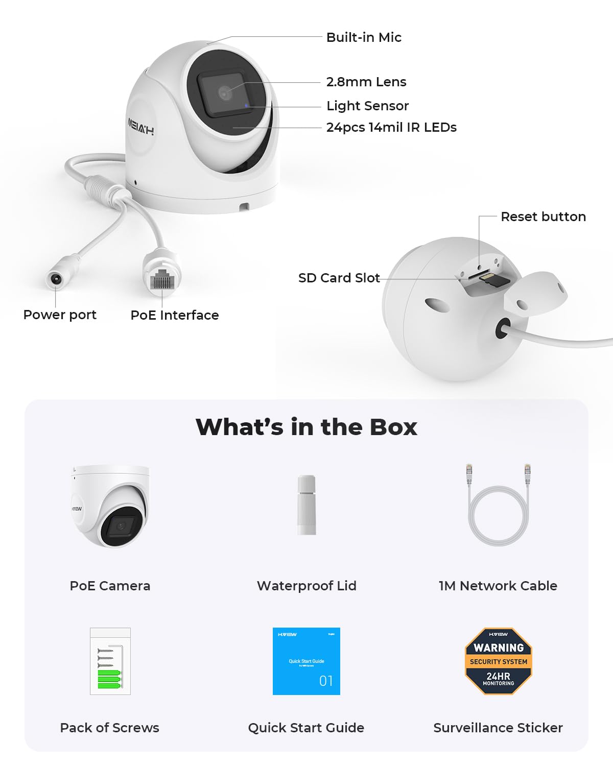 (Hikvision Compatible) H.VIEW 5MP Outdoor POE Camera Dome Turret IP Security Camera, 100ft IR Night Vision, 2.8mm Fixed lens, H.265+ IP PoE Outdoor Camera, RTSP,RTMP WDR,Support SD Card
