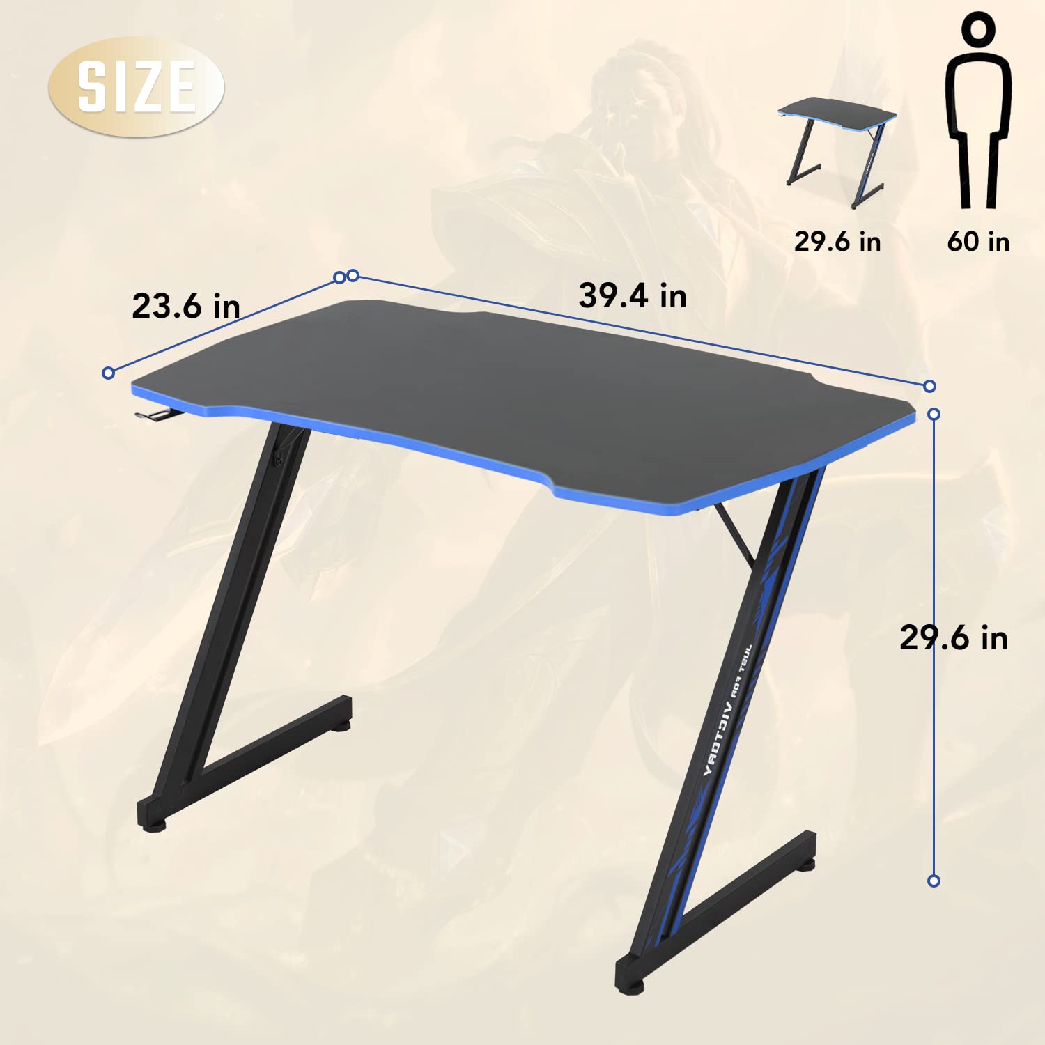 BestOffice Gmaing Desk Z Shaped 47 inch Gaming Workstation Ergonomic Gaming Table PC Computer Desk with Headphone Hook for Game Players, Blue