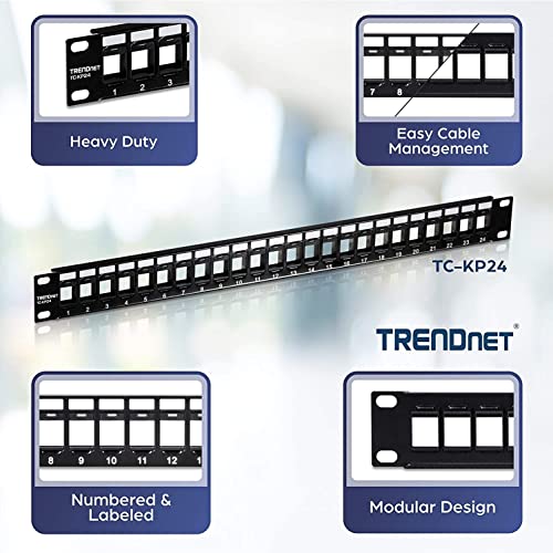 TRENDnet 24-Port Blank Keystone 1U Patch Panel, 1U 19" Metal Rackmount Housing, Recommended with TC-K25C6 & TC-K50C6 Cat6 Keystone Jacks (Sold Separately), Black, TC-KP24