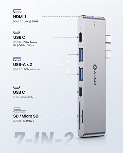 [2023 Upgraded] andobil 7-in-2 USB C Hub Adapter for MacBook Pro 2021-2016/ MacBook Air 2020-2018, 2 USB 3.1 & USB Data Ports, 4K HDMI, SD/TF Card etc, The Space Grey