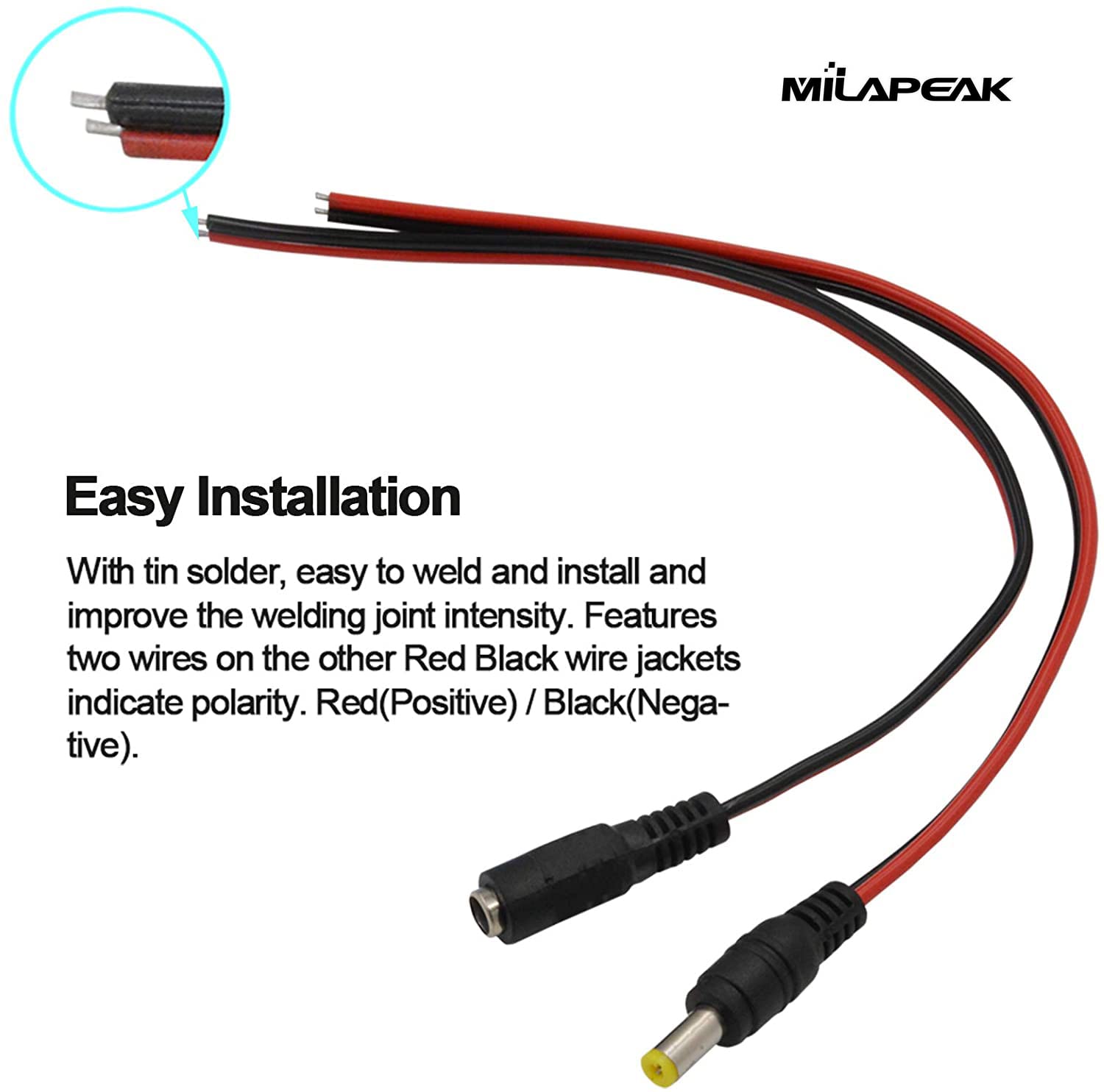 (Real 18AWG 43x2pcs Strands) 10 Pairs DC Power Pigtail Cable 12V 5A Male & Female + 10 Pairs DC Power Jack Plug Adapter barrel Connector for CCTV Home Security Surveillance by MILAPEAK (2.1mm x 5.5mm)