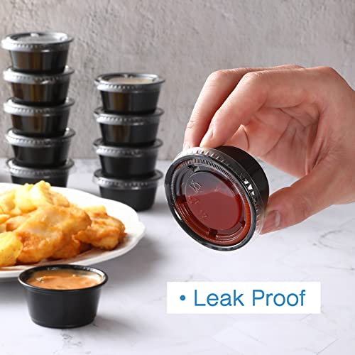 [130 Sets - 2 Oz ] Black Plastic Portion Cups, Jello Shot Cups, Small Plastic Containers with Lids, Airtight Salad Dressing Container, Dipping Sauce Cups, Condiment Cups for Lunch, Party to Go, Trips