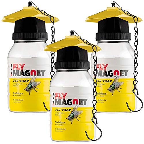 [Set of 3] Reusable Outdoor Fly Traps 32 oz - Fly Magnet Bait Trap - Made in USA - Bundled with 3 Bait Refills and 3 Hanging Chains