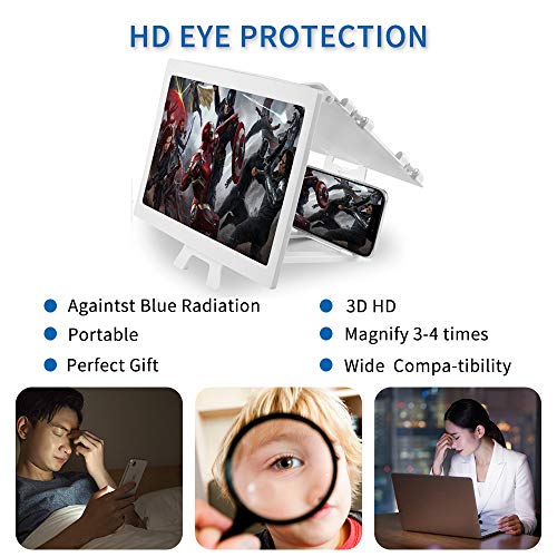 12'' Screen Magnifier β Mobile Phone 3D Magnifier Projector Screen for Movies, Videos, and Gaming β Full Coverage Foldable Phone Stand with Screen Amplifier β Supports All Smartphones (White)