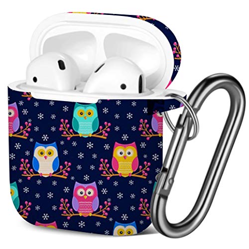 [ Compatible with AirPods 2 and 1 ] Shockproof Soft TPU Gel Case Cover with Keychain Carabiner for Apple AirPods (Cute Flat Owls Sitting)