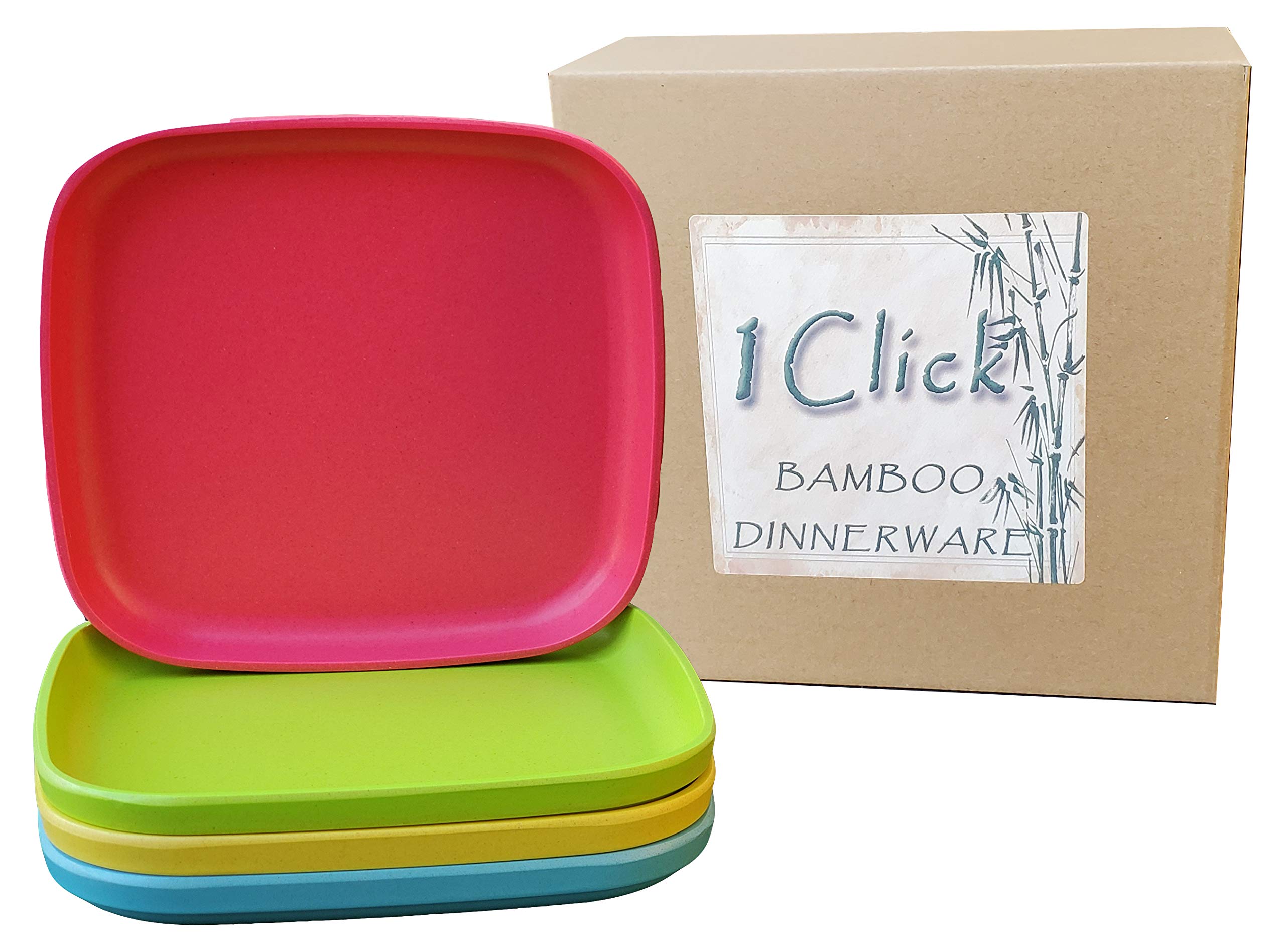 1 Click Bamboo Kids Plates, (4 Color Set), Stackable, Reusable, Deep sides for Easy Kids, Toddlers and Big Kids Feeding, Dishwasher Safe, Bamboo Dinnerware Set