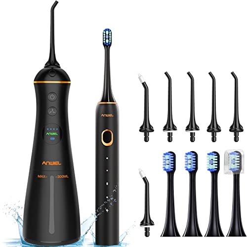 【2 in 1】 Water Dental Flosser and Ultrasonic Electric Toothbrush for Teeth, 300ML Oral Irrigator, 6 Tips, 4 Brush Heads, IPX7 Waterproof Waterflosser Flossing Teeth Cleaning Kit for Gums, Braces Care