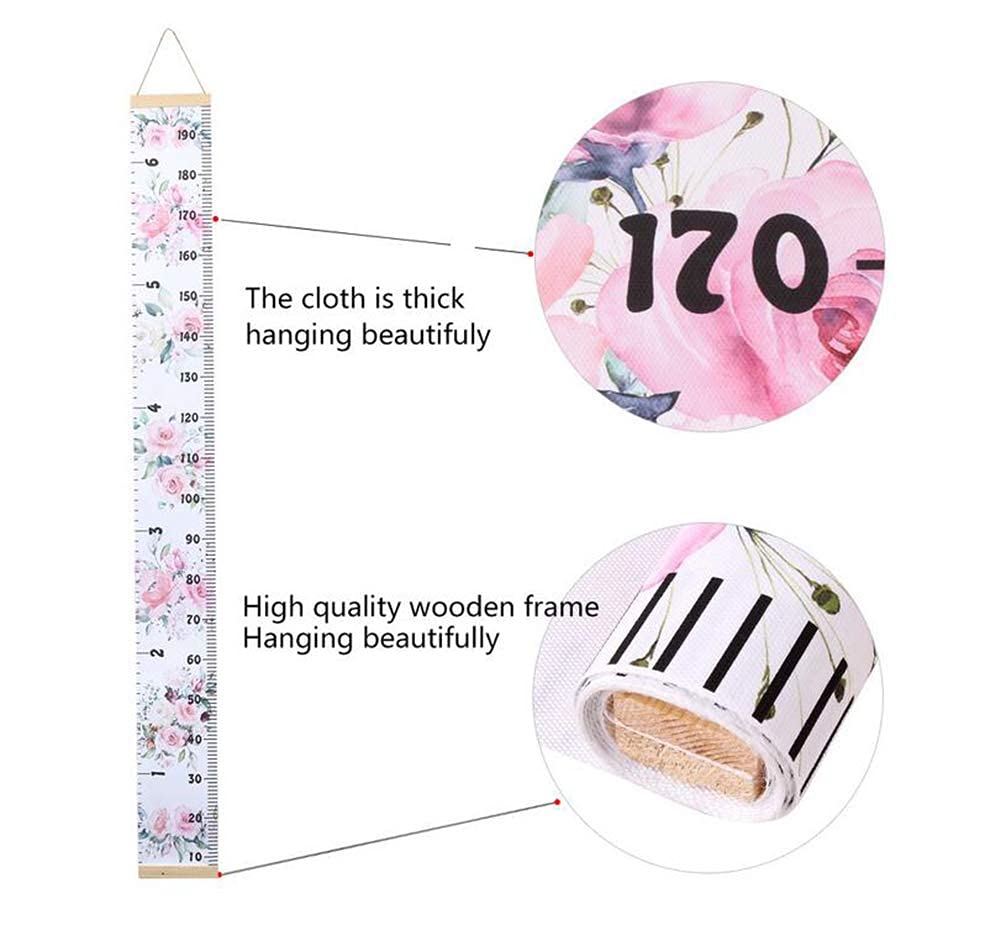 Baby Growth Chart Ruler Kids Roll-up Height Chart Wall Hanging Measurement Chart Wall Decor with Wood Frame for Kids Nursery Room Canvas Removable Height Growth Chart 8'' x 79'' (Pink Flower)