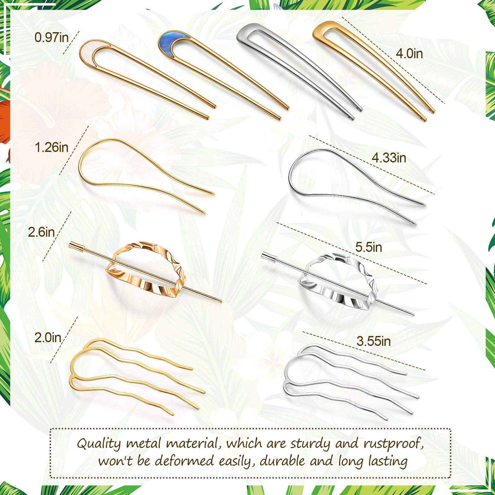 10 Pieces Metal U-Shape Oval Side Comb Hairpin Hair Fork Clip Stick Hair Bun Updo Sticks Gold Silver Chignon Pin Grips for Women Styling Tool Accessories
