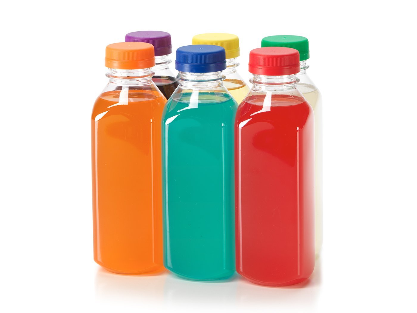 (6) 16 oz. Clear Food Grade Square Plastic Juice Bottles with Tamper Evident Caps 6/pack (Mixed Lids)