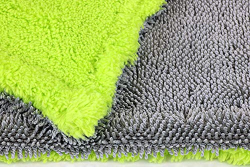 [Amphibian] Dual Side Microfiber Car Drying Towel - One Side Twist, One Side Plush - 20"x30" (Green/Gray)