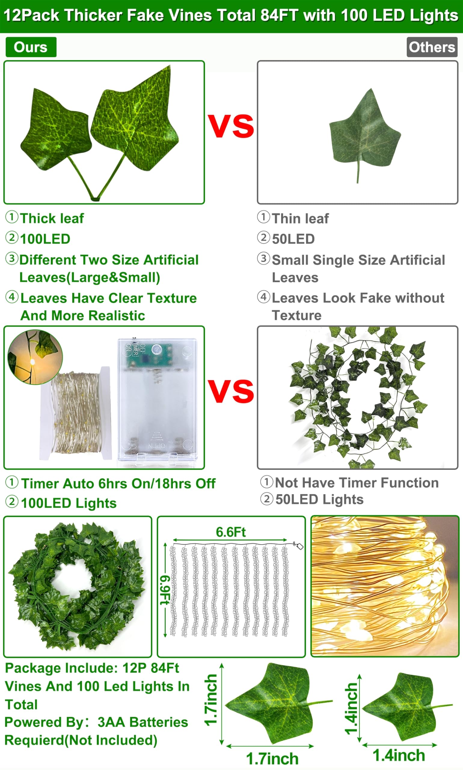 [ Timer ] Fake Ivy Vines 12 Pack 84Ft with 100 LED Vines with Lights Large & Small Thick Leaves String Lights Hanging Ivy Vines Lights for Bedroom Gardens Wedding Wall Room Decor