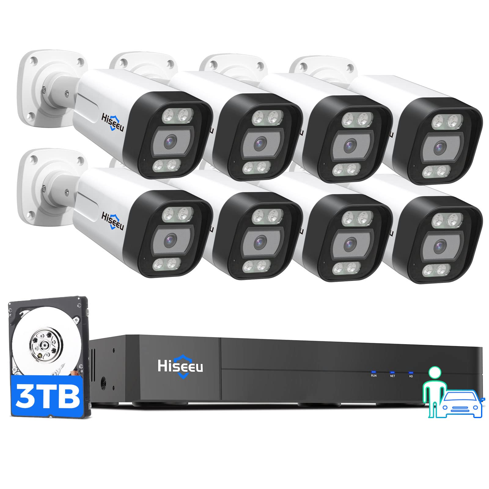 [Human Vehicle Detection] Hiseeu PoE Security Camera System,8PCS 5MP IP Security Camera for Indoor Outdoor,4K PoE NVR 16CH Expandable with 3TB Hard Drive,Person/Vehicle Detect,Audio Video Monitoring