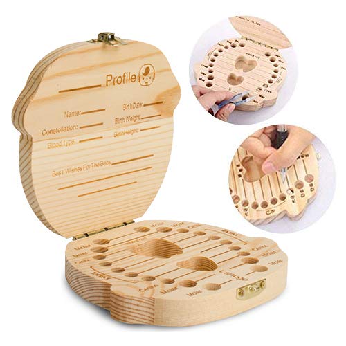 Baby Tooth Box ,Wooden Kids Keepsake Organizer for Baby Teeth, Cute Children Tooth Container with Tweezers and lanugo Bottle to Keep the Childhood Memory (Boy)