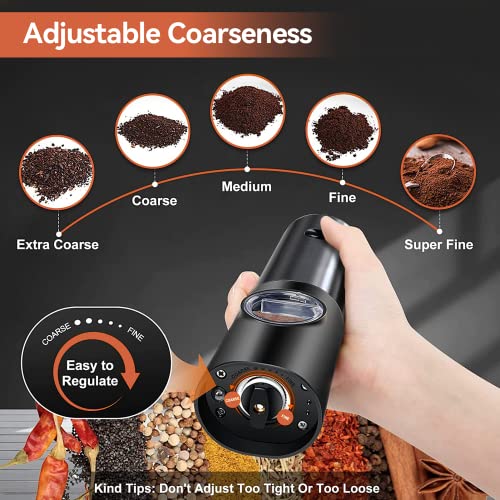 [2023 𝐔𝐩𝐠𝐫𝐚𝐝𝐞𝐝] Electric Salt and Pepper Grinder Set Rechargeable, No Battery Needed, One Hand Operation, Automatic Pepper Mill Refillable, Stainless Steel, Adjustable Coarseness, LED Light