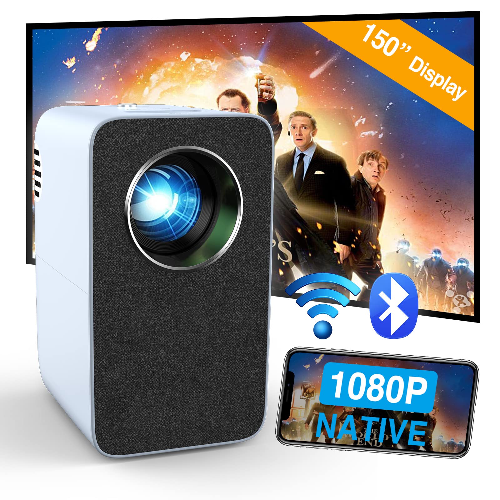 [$125 Big Sale]Native 1080P 7000LM Outdoor Movie Projector, Wireless Home Theater Projector with WiFi and Bluetooth, Indoor LED Video Projector Airplay Mirroring/HDMI/USB for Smart Phone DVD TV Stick
