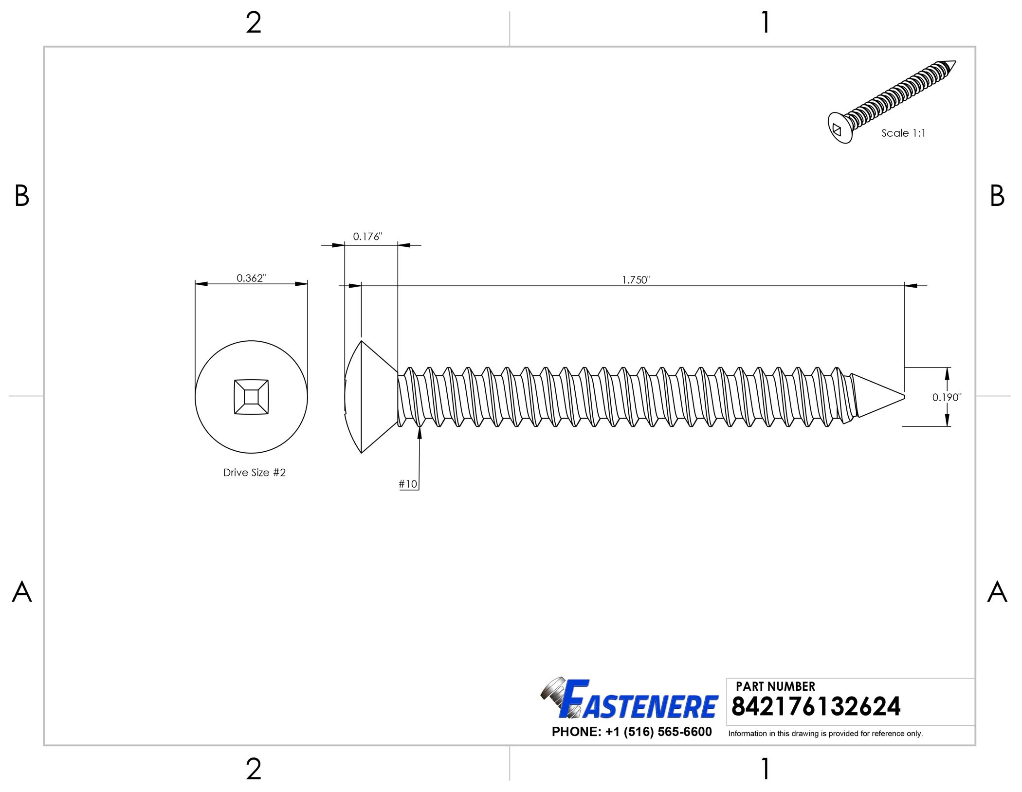 #10 x 1-3/4" Oval Head Sheet Metal Screws, Square Drive, Stainless Steel 18-8, Full Thread, Bright Finish, Self-Tapping, Type A, Quantity 50 by Fastenere