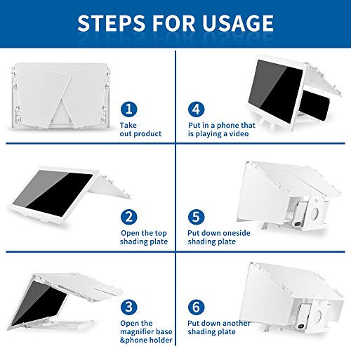 12'' Screen Magnifier β Mobile Phone 3D Magnifier Projector Screen for Movies, Videos, and Gaming β Full Coverage Foldable Phone Stand with Screen Amplifier β Supports All Smartphones (White)