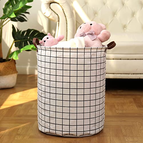 [2 Pack] Collapsible Laundry Basket, Large Round Waterproof Laundry Hamper, Foldable Storage Organizer with Leather Handles for Dirty Clothes (White Plaid)