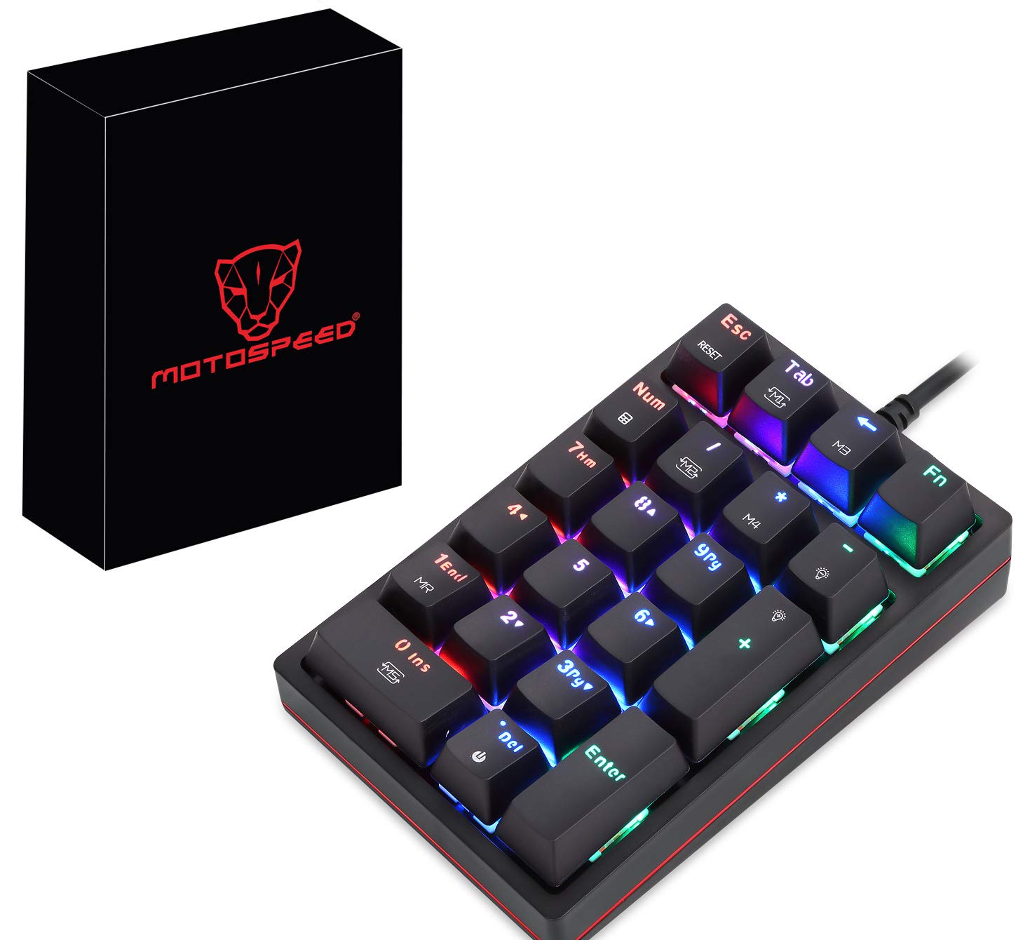 MOTOSPEED Macro Mechanical Numeric Keypad USB Wired 21 Keys Mini Numpad Portable Keypad RGB Backlight Gaming Keypad Extended Layout for Cashier(Fully Programmable Keys)
