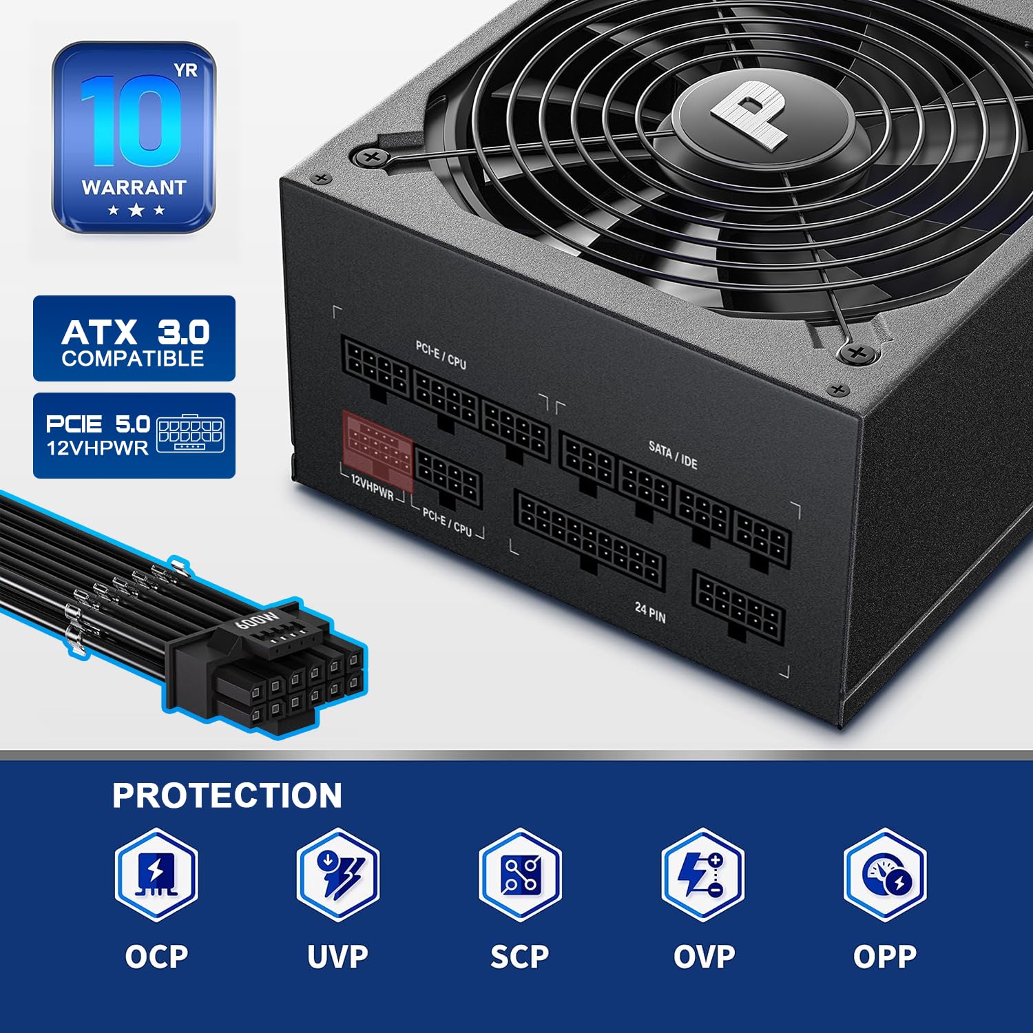 Pystar 1000W Power Supply 80+ Gold Full Modular PSU, ATX 3.0 & PCIE 5.0, ES1000