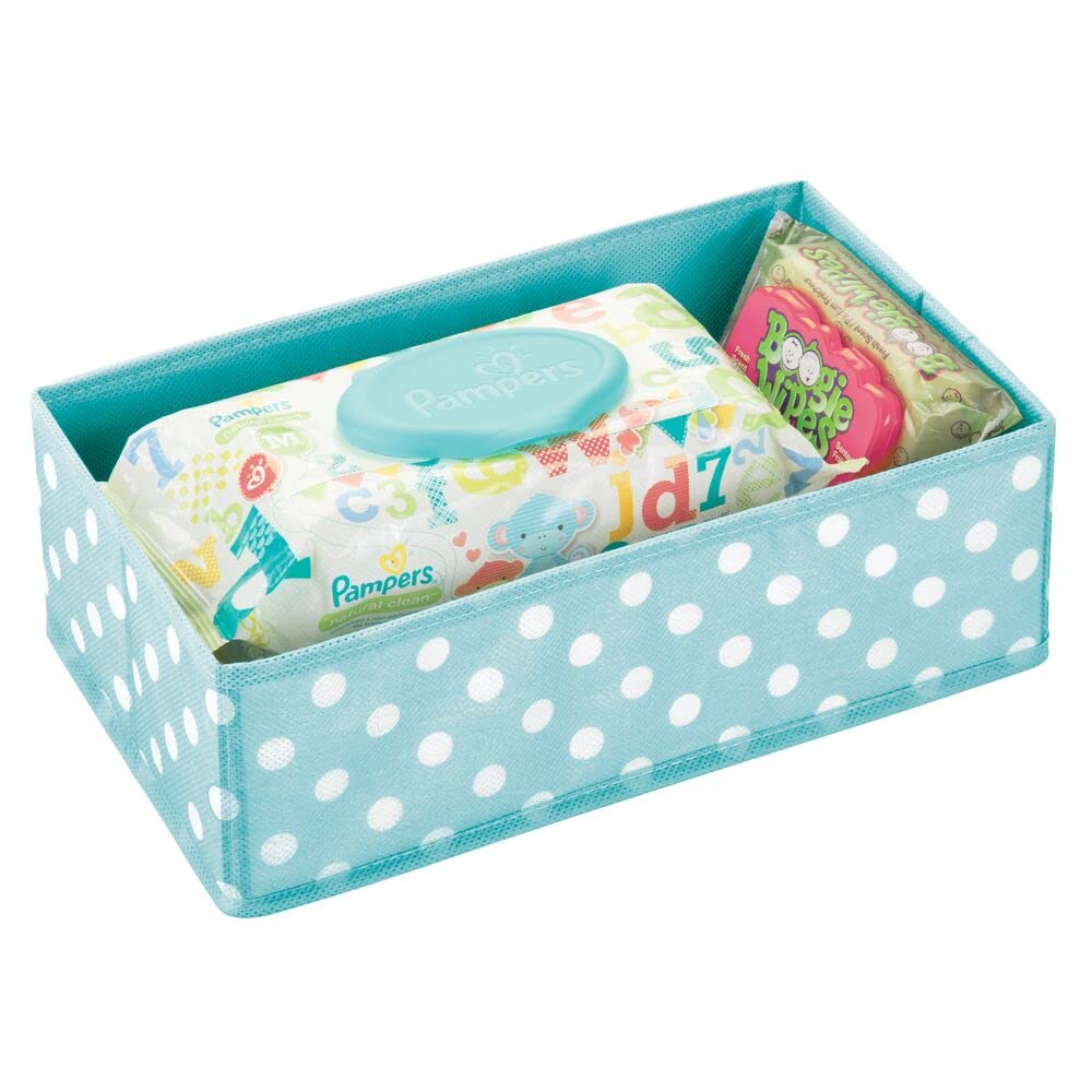 mDesign Fabric Drawer Organizer Bins, Kids/Baby Nursery Dresser, Closet, Shelf, Playroom Organization, Hold Clothes, Toys, Diapers, Bibs, Blankets, 4 Pack - Turquoise Blue/White Polka Dot