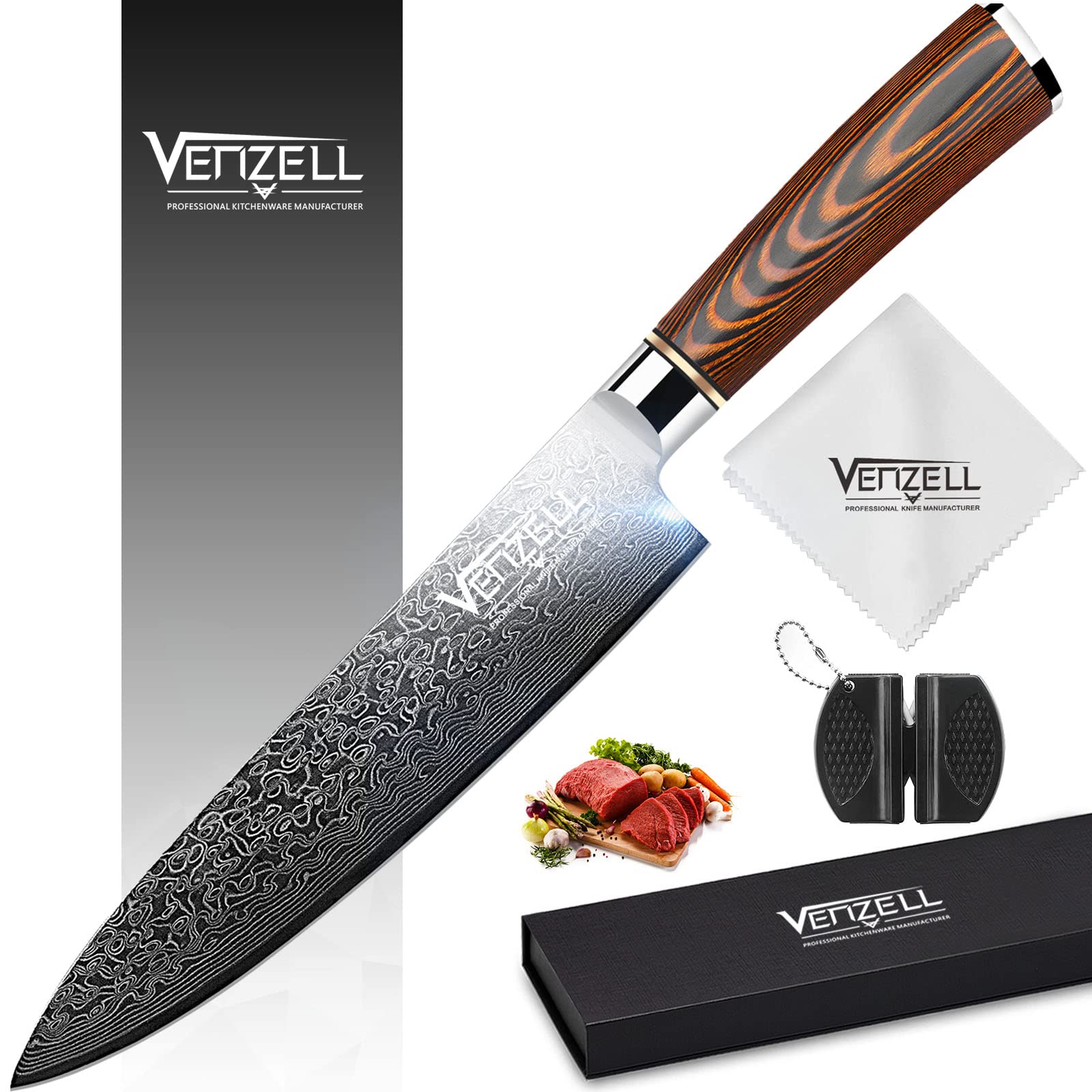 VENZELL Handmade 8 inch Chef Knife, 67-layer Damascus Stainless Steel Knife, HRC60±2 Professional Chopping Knife with Ergonomic PAKKA Wood Handle