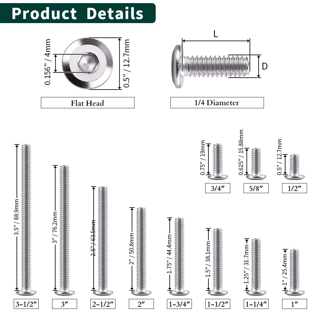 1/4-20 x 1-1/2" Hex Socket Head Cap Screws, 304 Stainless Steel 18-8, Chamfered Countersunk Machine Screws for Furniture, Binding, Machinery, Automotive, DIY Projects, 50 PCS