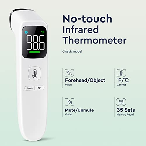 (Upgrade) No-Touch Thermometer for Adults and Kids - Digital Forehead Thermometer with High Accuracy, Ultra Clear LED Screen and Fever Alarm-White