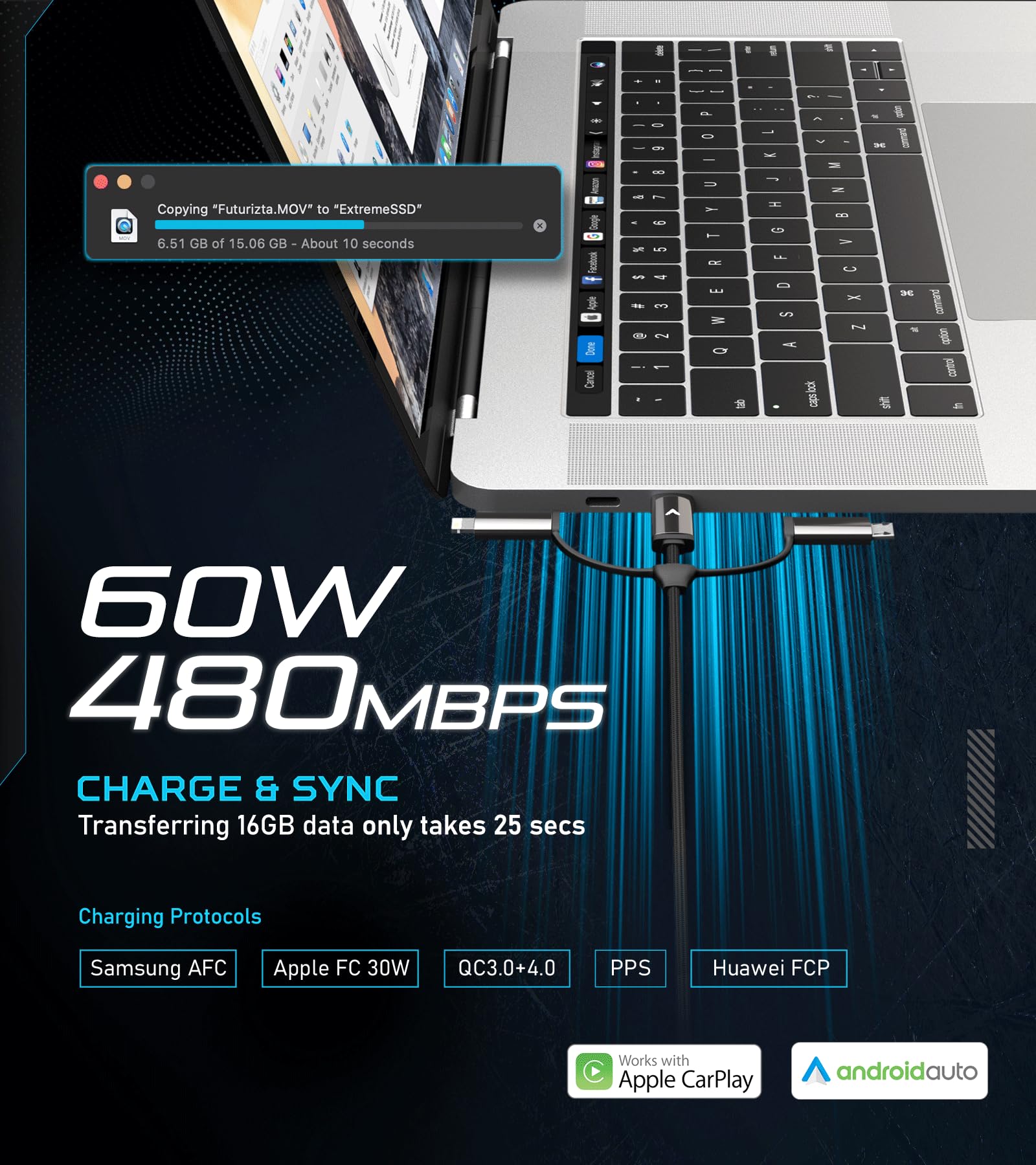 [Upgraded] Futurizta Tech® Zeus-X 6-in-1 Universal Multi Cable (3.3ft/1m) Fast Charging 60W Laptop PD, QC3.0 & 27W iPhone Fast Charging & Data Sync, Military Grade Braided with Cable Organizer Strap