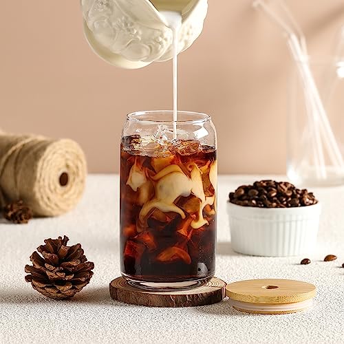 [ 12pcs Set ] Glass Cups with Bamboo Lids and Glass Straw - Beer Can Shaped Drinking Glasses, 16 oz Iced Coffee Glasses, Cute Tumbler Cup for Smoothie, Boba Tea, Whiskey, Water - 4 Cleaning Brushes