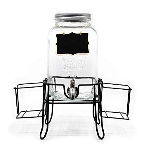 1 Gallon Glass Drink Dispenser | 100% Leakproof Stainless Steel Spigot | Sturdy Metal Stand, Chalkboard, Cup Holder | Great for Outdoor Parties | Perfect for Cold Drinks & Laundry Detergent