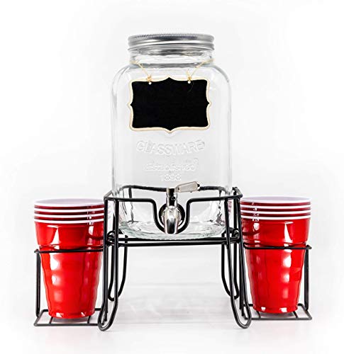 1 Gallon Glass Drink Dispenser | 100% Leakproof Stainless Steel Spigot | Sturdy Metal Stand, Chalkboard, Cup Holder | Great for Outdoor Parties | Perfect for Cold Drinks & Laundry Detergent