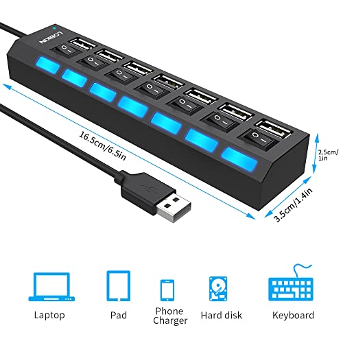 USB Hub Multi Port Splitter - LOBKIN 7 Port Data Hub USB 2.0 with Individual On/Off Switch and LED Lights Portable Desktop USB Hub Extender Ports for Laptop Computer PC MacBook