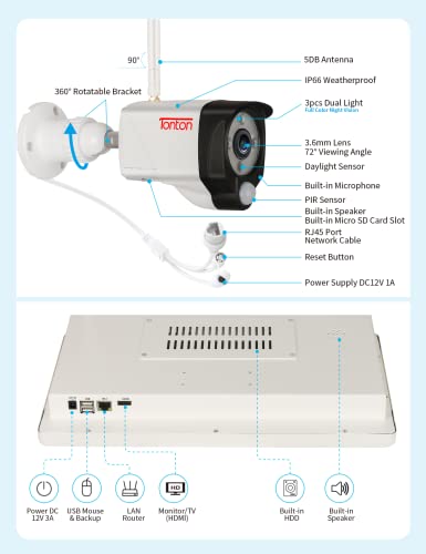 [2K&2 Way Audio&Dual WiFi] Tonton Wireless All-in-One Ultra HD Security Camera System with 16 Inch 5MP Monitor,10CH NVR with 1TB HDD,4PCS 3MP Outdoor Bullet IP Floodlight Cameras with PIR,Plug & Play