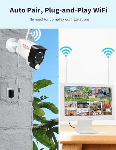 [2K&2 Way Audio&Dual WiFi] Tonton Wireless All-in-One Ultra HD Security Camera System with 16 Inch 5MP Monitor,10CH NVR with 1TB HDD,4PCS 3MP Outdoor Bullet IP Floodlight Cameras with PIR,Plug & Play