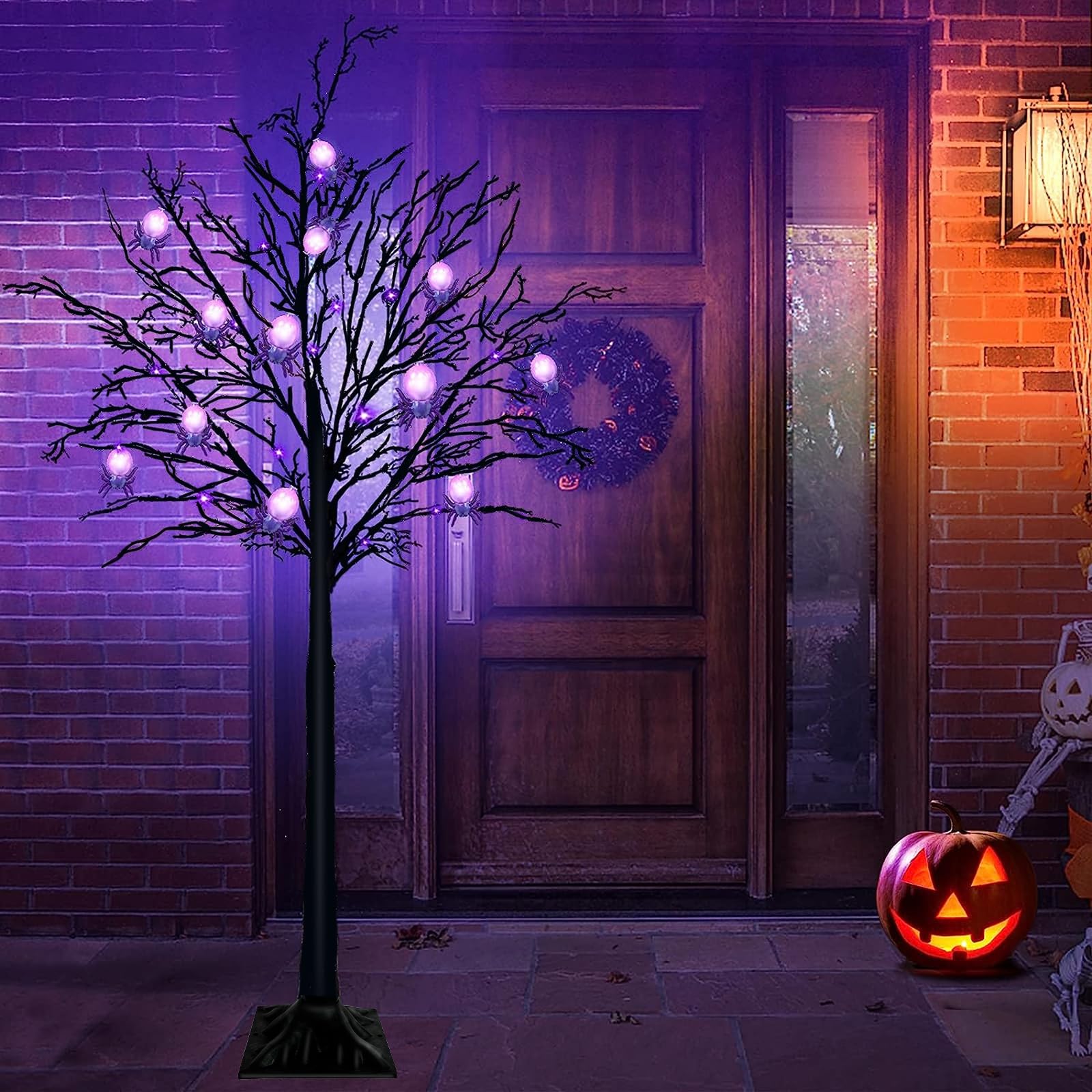 [Timer] 6 Ft Tall Halloween Tree Decorations Black Spooky Tree with 96 LED Purple Lightes and 24 DIY Bats Ornaments Artificial Tree Halloween Decor for Outdoor Indoor Home(4 Ground Stake/Adapter)