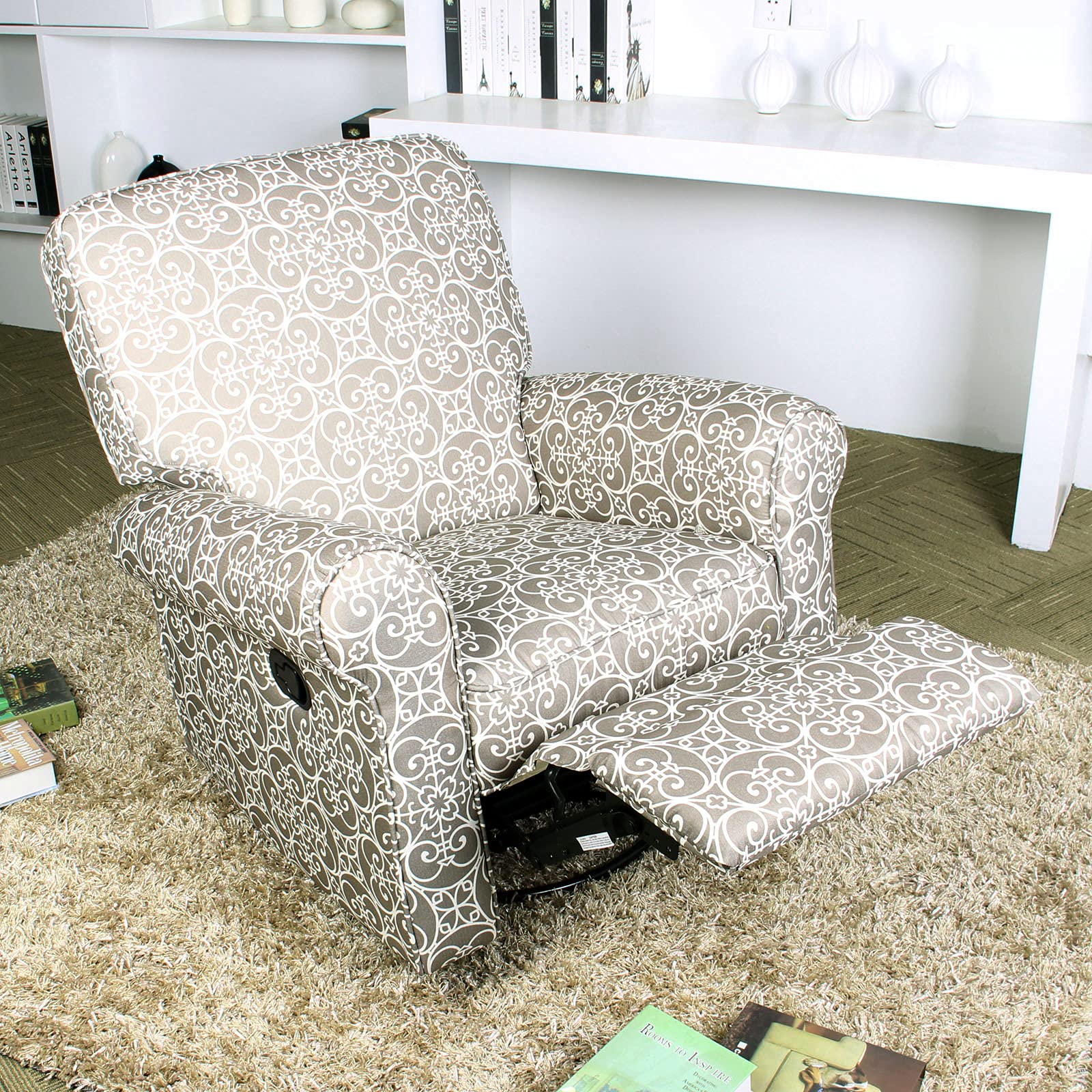 JC HOME Menet Swivel Glide Recliner with Fabric Upholstery in a Scrollwork Print, Doodles Ash