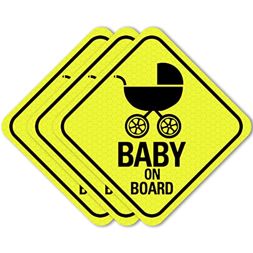 [Heavy-Duty] 3 Pack Reflective Safety Baby On Board Large Car Magnet Signs, 5x5 inch, Waterproof Weatherproof, Golden Yellow (Type A, 3 Pack)