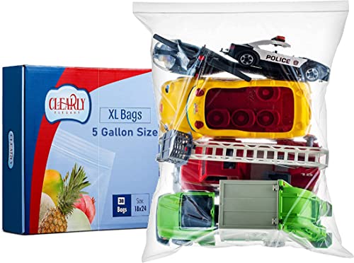 [ 30 COUNT ] Extra Large Reclosable Bags, 5 Gallon Jumbo Size 18" x 24" Strong Clear Big Storage Bags -2 MILL THICK -For Food Prep, Moving, Travel, & Organization