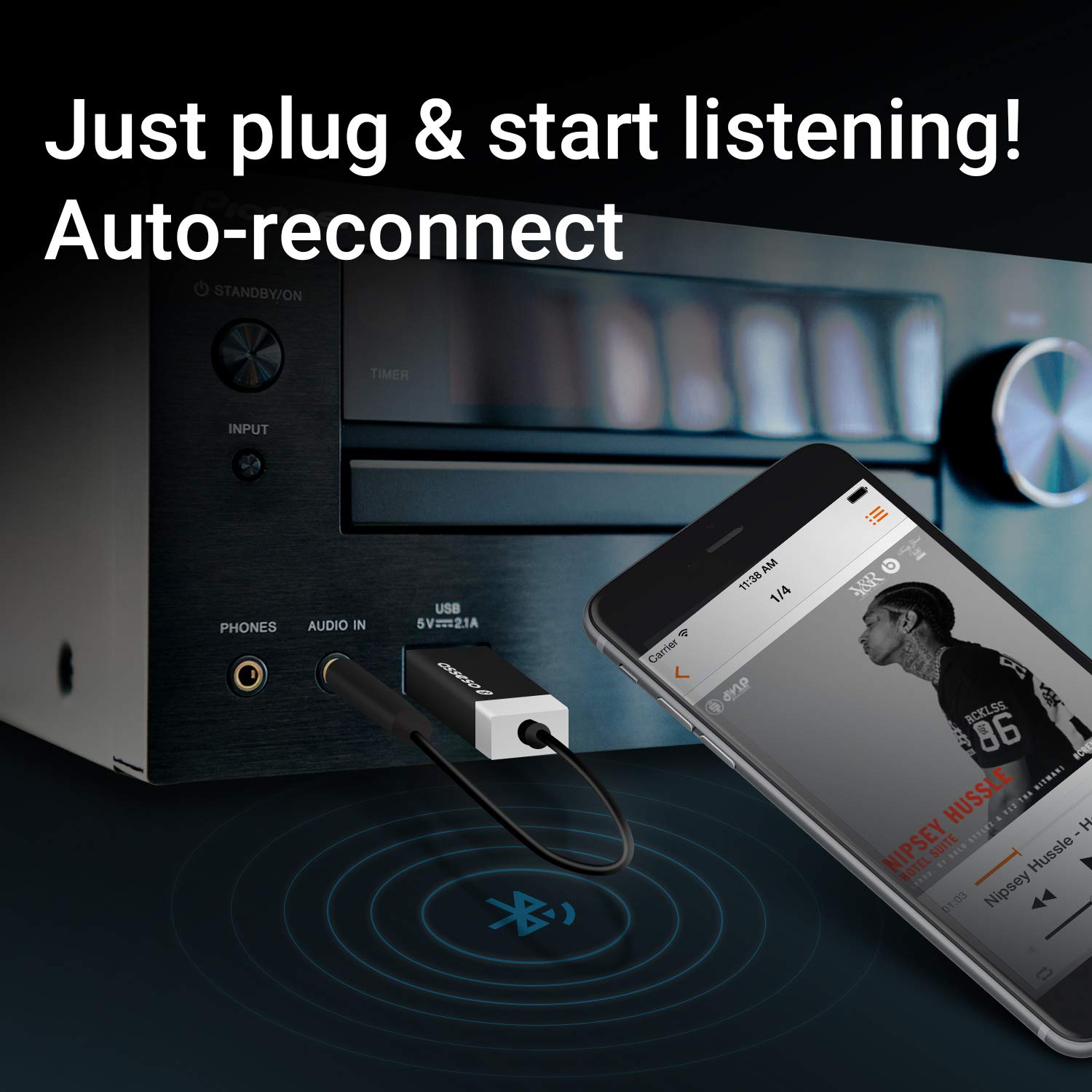 Asseso BR1 Bluetooth Car Receiver β Compact 3.5mm Aux Adapter for Wirelessly Streaming Music with Car/Home Sound Stereo β Bluetooth 4.2; No Charging; Connects Automatically