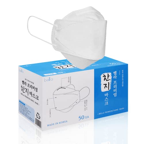 [Made in Korea] Bella Premium Hanji Mask (50, White): Filter Efficiency: 97%, 4-Layer Breathable Quality 3D Mask with Adjustable Nose Strip