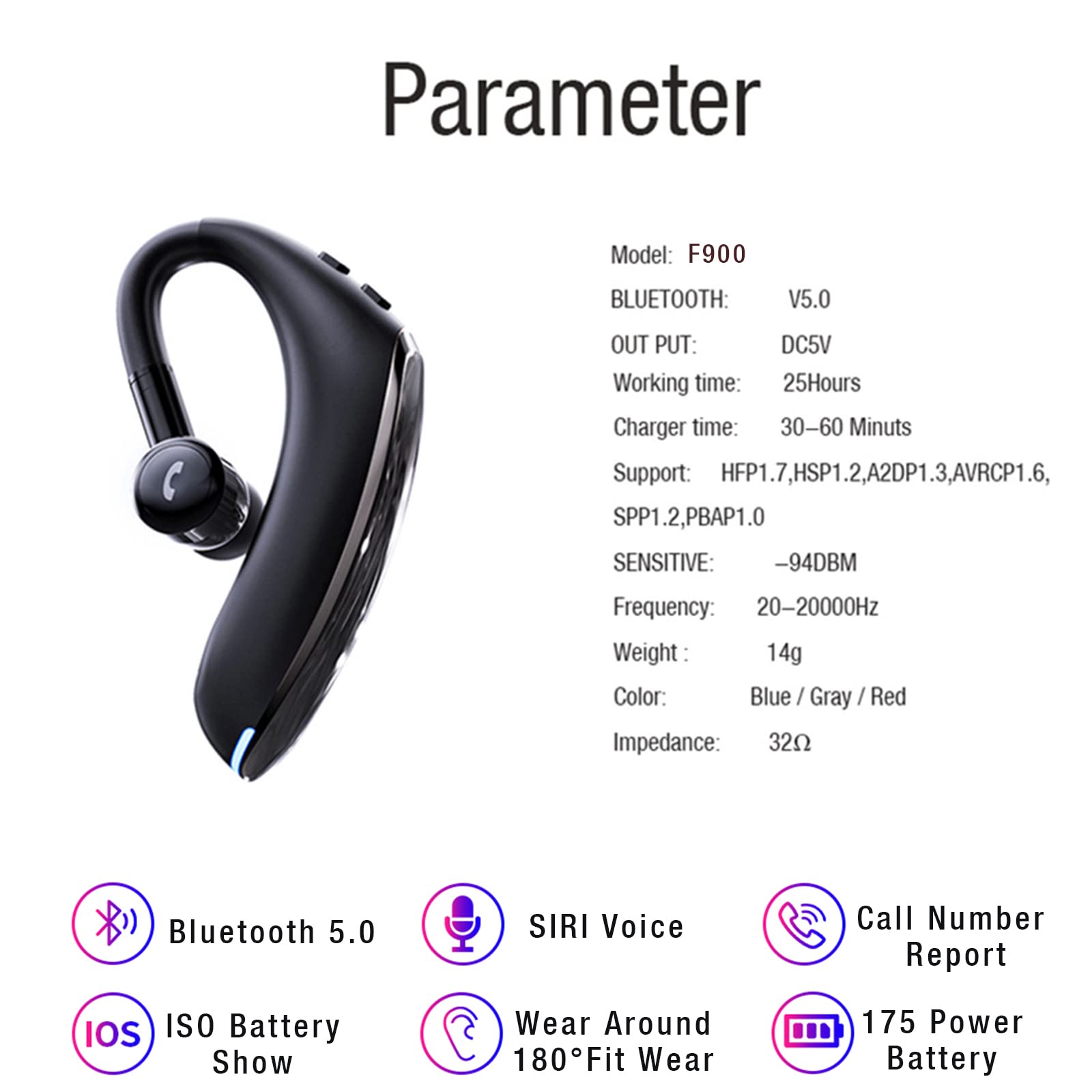 Lymoc Bluetooth Earpiece,Wireless Headset Earpieces Hansfree Trucker Earphones for Cell Phones V5.0 Ear Hook 25 Hours Talktime Microphone CVC6.0 Noise Cancellation for Walking Running Driving¡­