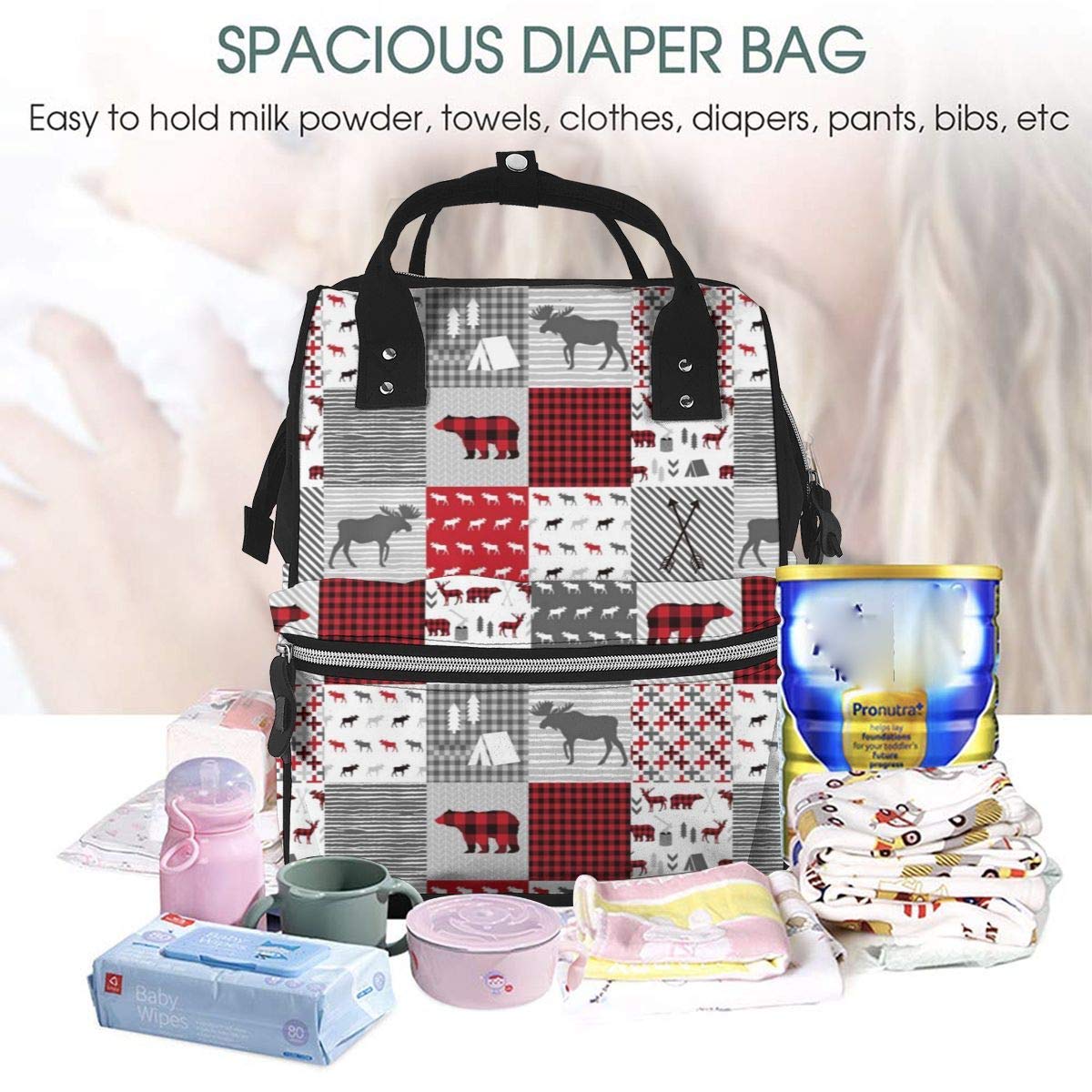 Vintage Happy Camper Red Bear Moose Lumberjack Diaper Bag Backpack Waterproof Multi-Function Baby Changing Bags Maternity Nappy Bags Durable Large Capacity